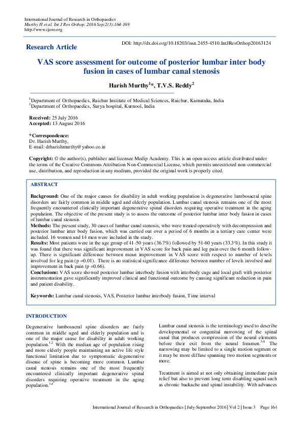 (PDF) VAS score assessment for outcome of posterior lumbar inter body ...