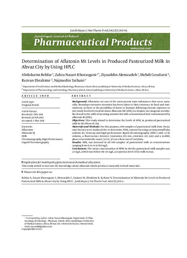 (PDF) Determination of Aflatoxin M1 Levels in Produced Pasteurized Milk in Ahvaz city by Using ...