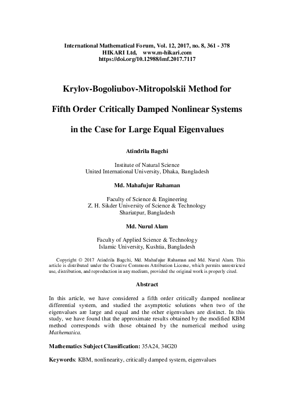 (PDF) Krylov-Bogoliubov-Mitropolskii method for fifth order critically damped nonlinear systems ...