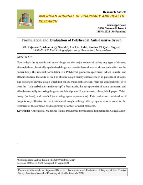 Pdf Formulation And Evaluation Of Polyherbal Anti Tussive Syrup