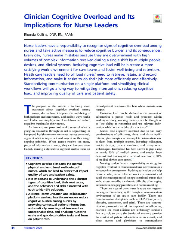 (PDF) Reducing Nurse Cognitive Overload: Strategies for Leaders