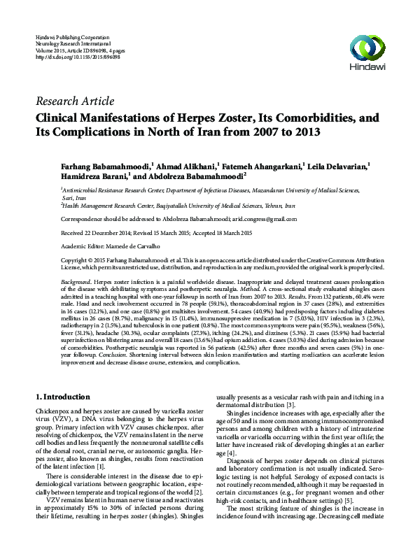 (PDF) Research Article Clinical Manifestations of Herpes Zoster, Its ...