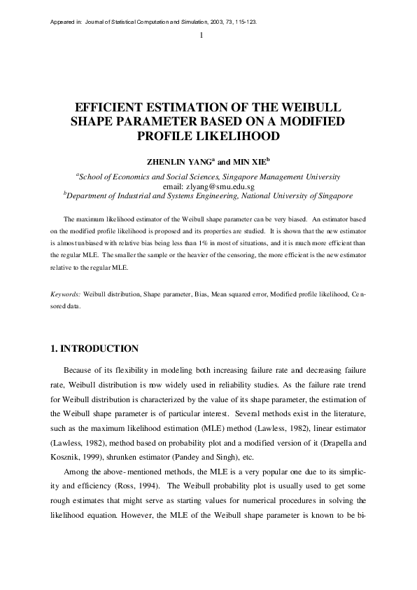 Pdf Efficient Estimation Of The Weibull Shape Parameter Based On A