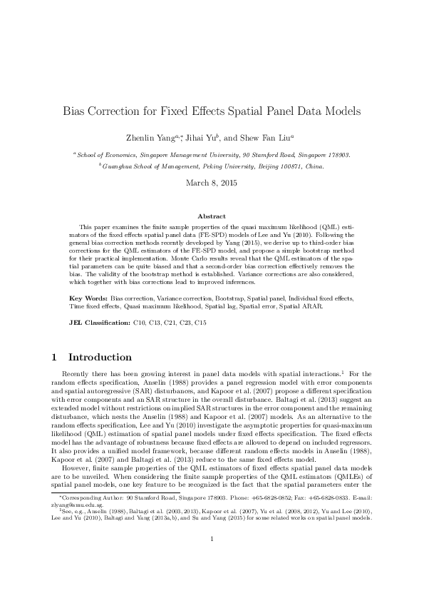 Pdf Bias Correction For Fixed Effects Spatial Panel Data Models