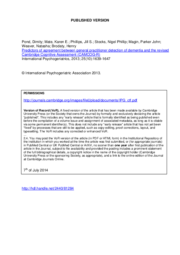(PDF) Predictors of agreement between general practitioner detection of ...