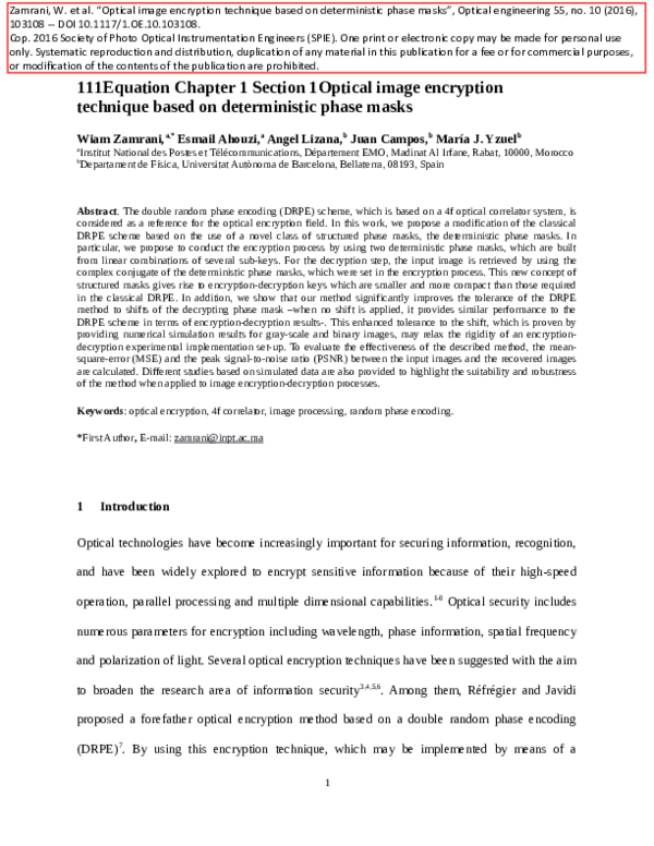Pdf Optical Image Encryption Technique Based On Deterministic Phase Masks