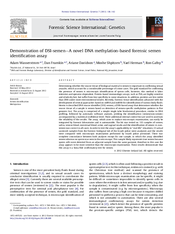 (PDF) Demonstration of DSI-semen—A novel DNA methylation-based forensic semen identification assay