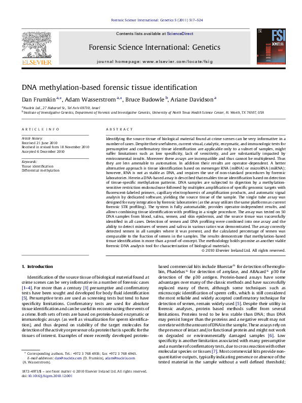 (PDF) DNA methylation-based forensic tissue identification | Adam ...