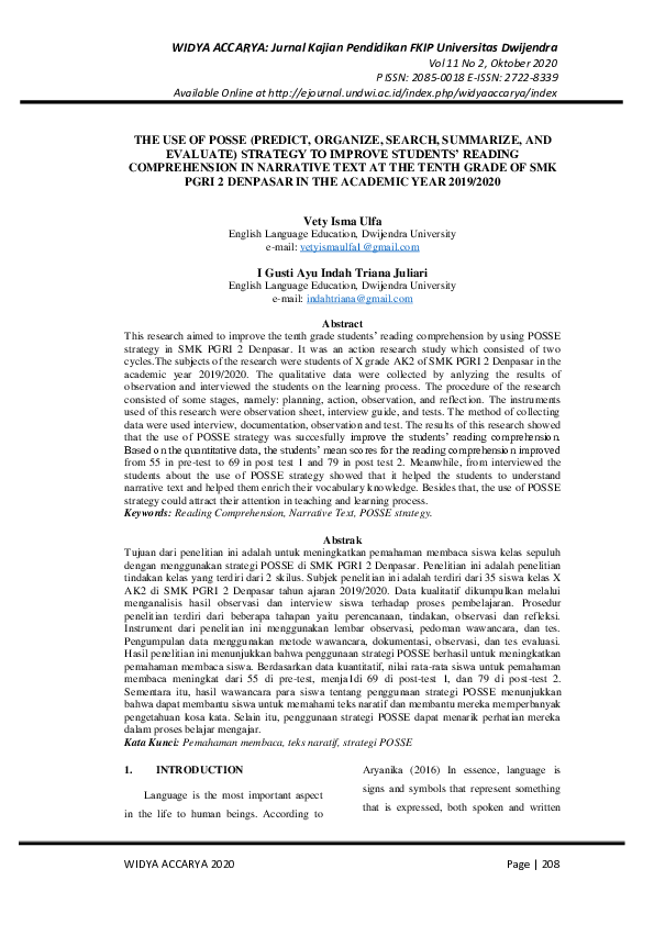 (PDF) The Use of Posse (Predict, Organize, Search, Summarize, and Evaluate) Strategy to Improve ...