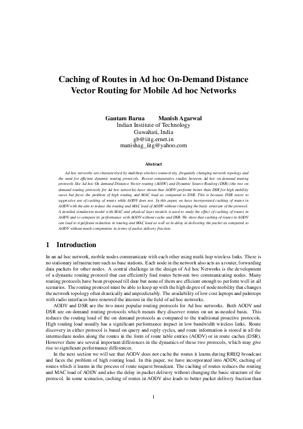 Pdf Caching Of Routes In Ad Hoc On Demand Distance Vector Routing For
