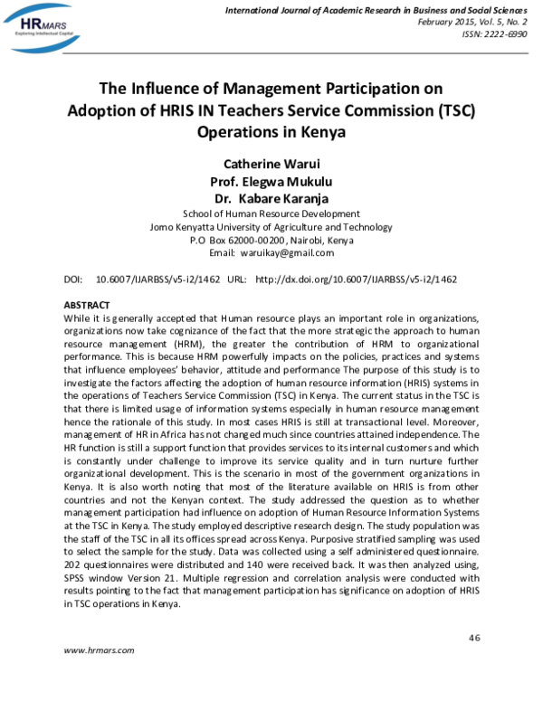 (PDF) The Influence of Management Participation on Adoption of HRIS IN Teachers Service ...