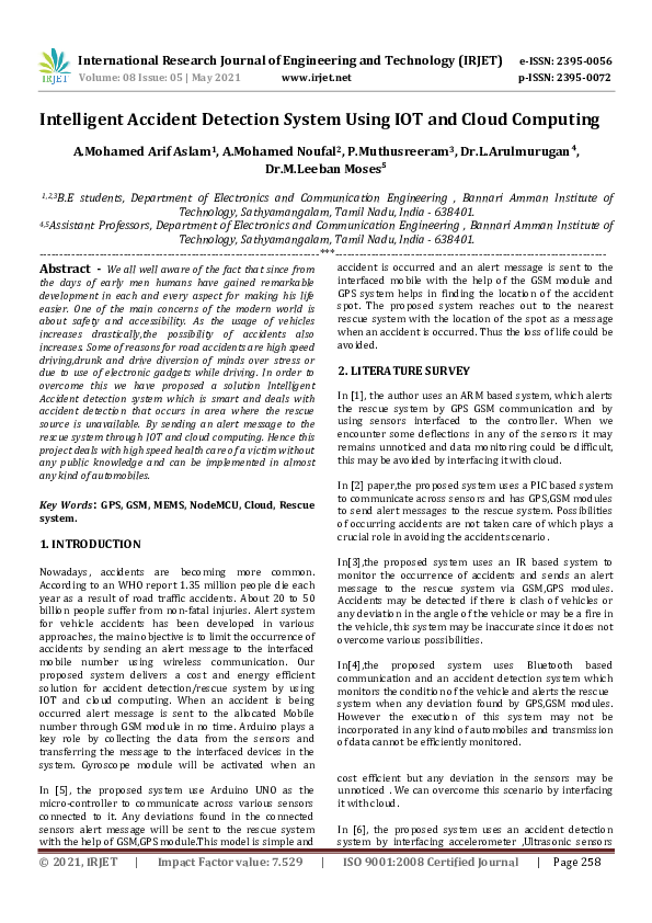(PDF) IRJET- Intelligent Accident Detection System Using IOT and Cloud ...