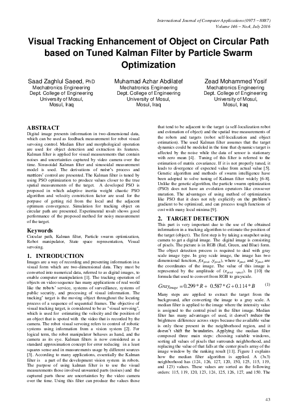(PDF) Visual Tracking Enhancement of Object on Circular Path based on Tuned Kalman Filter by ...