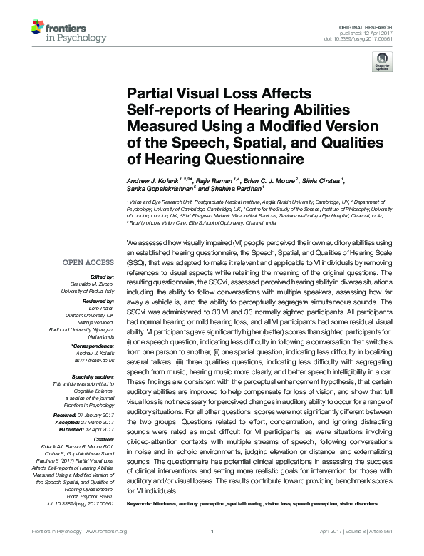 (PDF) Partial Visual Loss Affects Self-reports of Hearing Abilities ...
