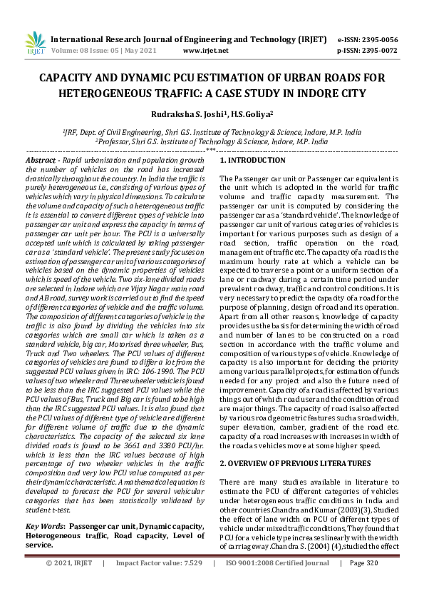 (PDF) IRJET- CAPACITY AND DYNAMIC PCU ESTIMATION OF URBAN ROADS FOR HETEROGENEOUS TRAFFIC: A ...
