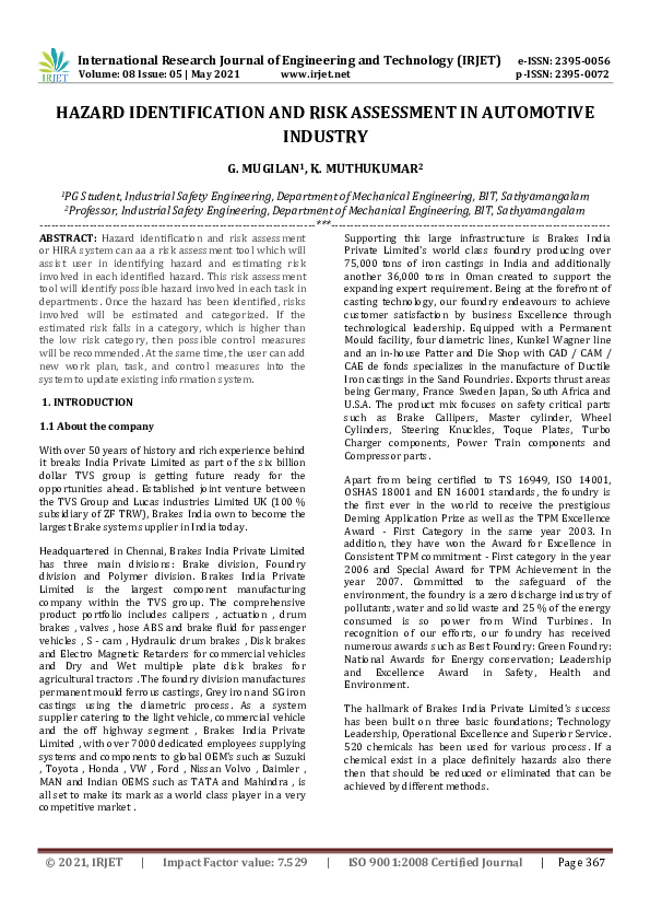 (PDF) HAZARD IDENTIFICATION AND RISK ASSESSMENT IN AUTOMOTIVE INDUSTRY