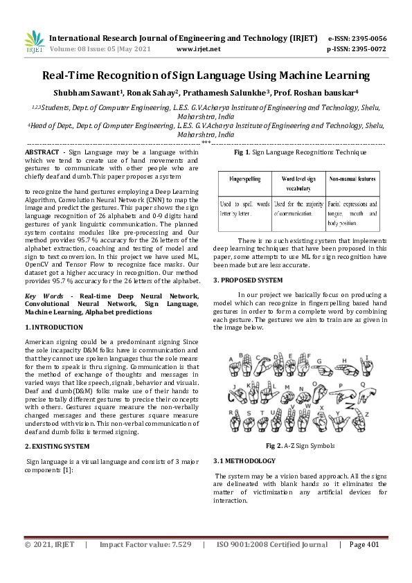 (PDF) IRJET- Real-Time Recognition of Sign Language Using Machine Learning