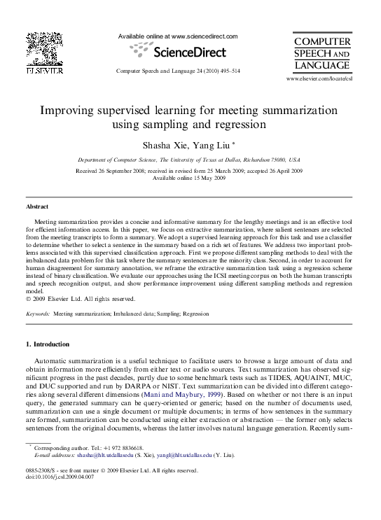 (PDF) Improving supervised learning for meeting summarization using ...