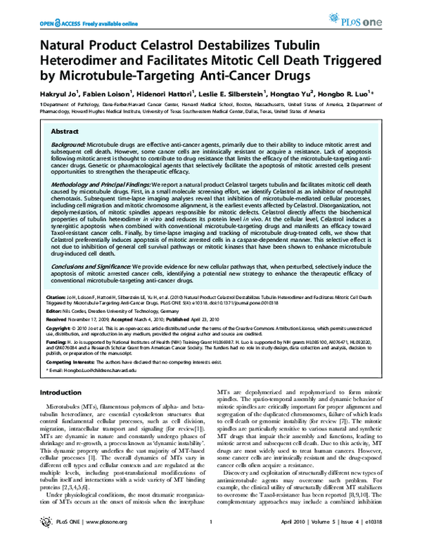 (PDF) Natural product Celastrol destabilizes tubulin heterodimer and ...