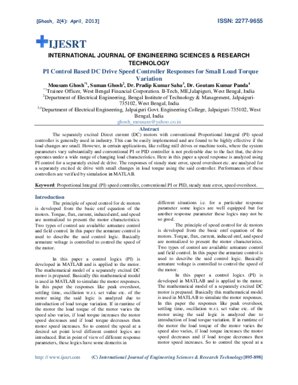 Pdf Pi Control Based Dc Drive Speed Controller Responses For Small Load Torque Variation