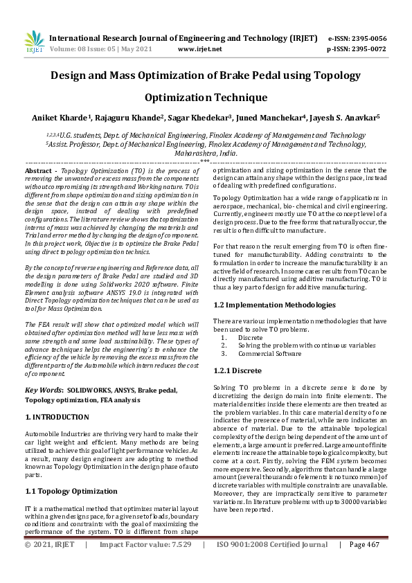 Pdf Irjet Design And Mass Optimization Of Brake Pedal Using Topology