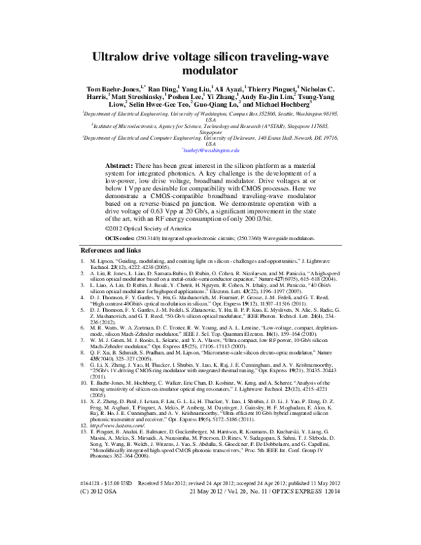 (PDF) Ultralow drive voltage silicon traveling-wave modulator