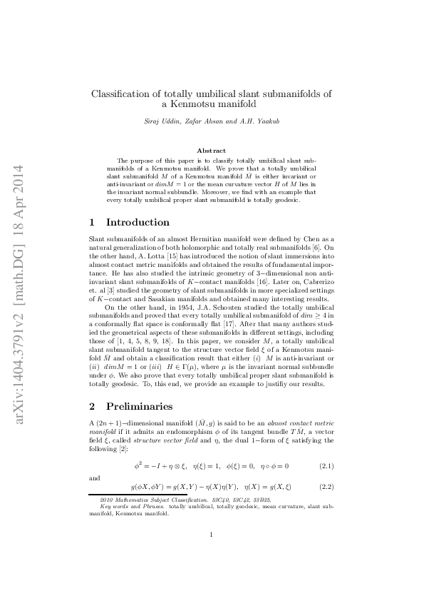 (PDF) A Classification of a Totally Umbilical Slant Submanifold of ...