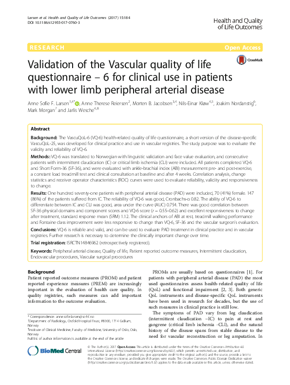 (PDF) Validation of the Vascular quality of life questionnaire – 6 for ...
