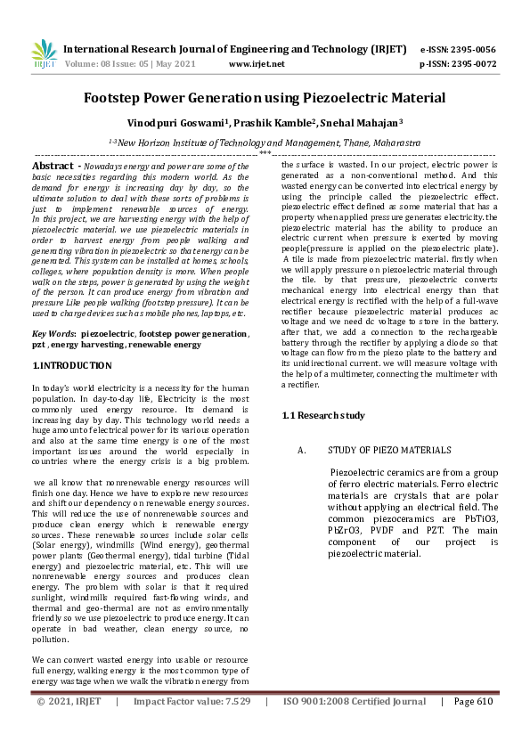 (PDF) IRJET- Footstep Power Generation using Piezoelectric Material