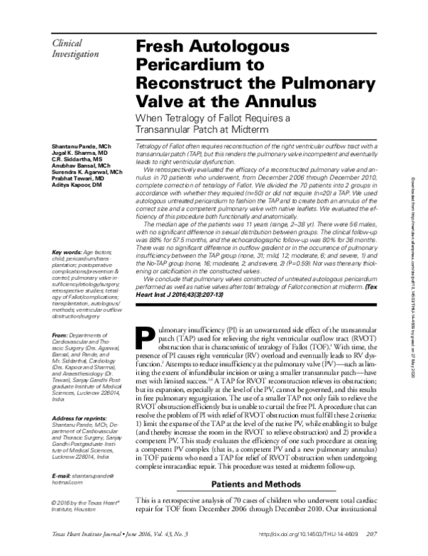 (PDF) Fresh Autologous Pericardium to Reconstruct the Pulmonary Valve ...