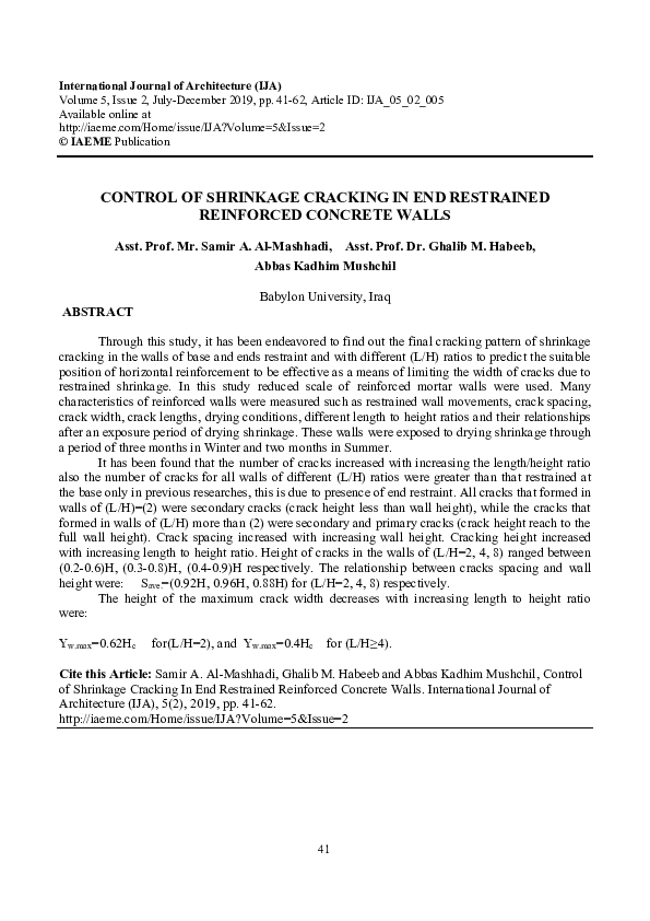 (PDF) CONTROL OF SHRINKAGE CRACKING IN END RESTRAINED REINFORCED CONCRETE WALLS