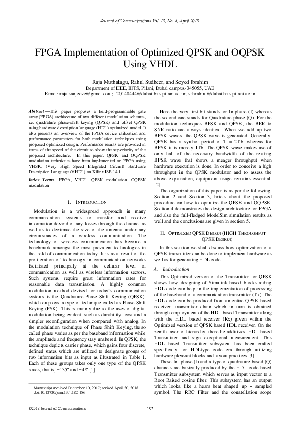 (PDF) FPGA Implementation of Optimized QPSK and OQPSK Using VHDL