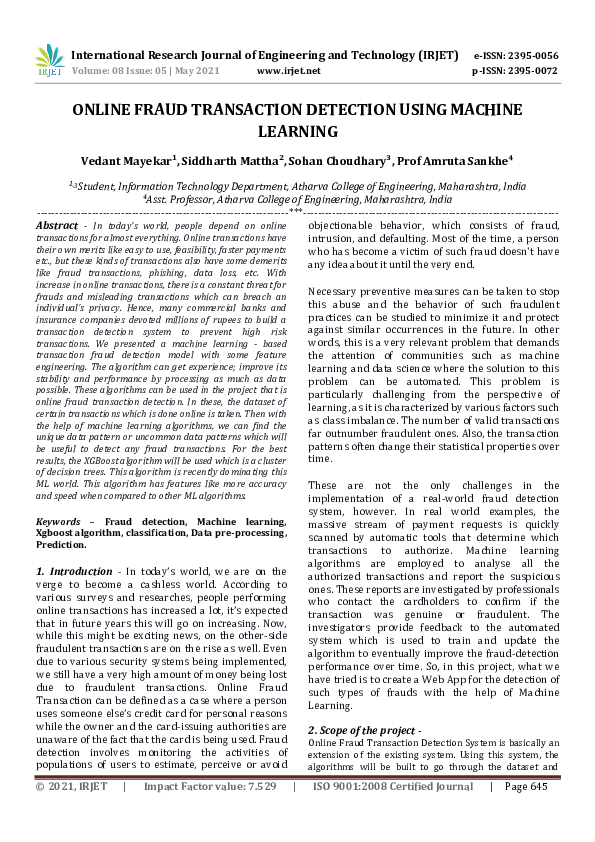 (PDF) IRJET- ONLINE FRAUD TRANSACTION DETECTION USING MACHINE LEARNING