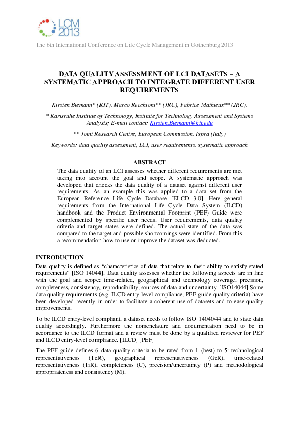 (PDF) Data Quality Assessment of Lci Datasets – a Systematic Approach to Integrate Different ...