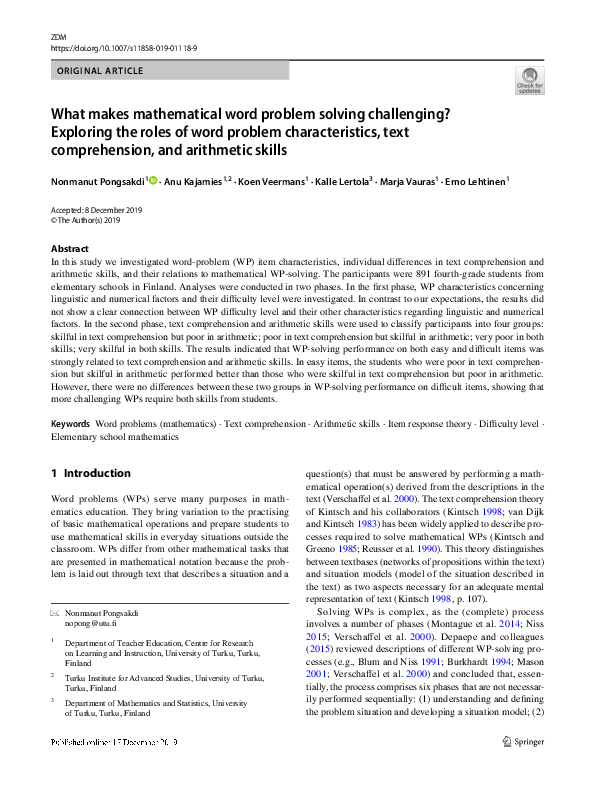 (PDF) What makes mathematical word problem solving challenging? Exploring the roles of word ...