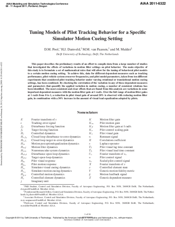 Pdf Tuning Models Of Pilot Tracking Behavior For A Specific Simulator Motion Cueing Setting