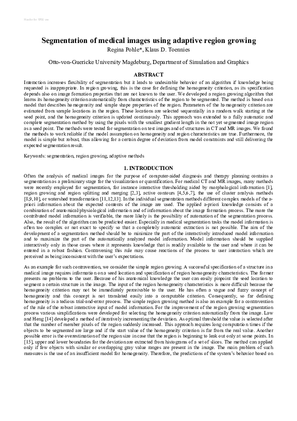 (PDF) Segmentation of medical images using adaptive region growing