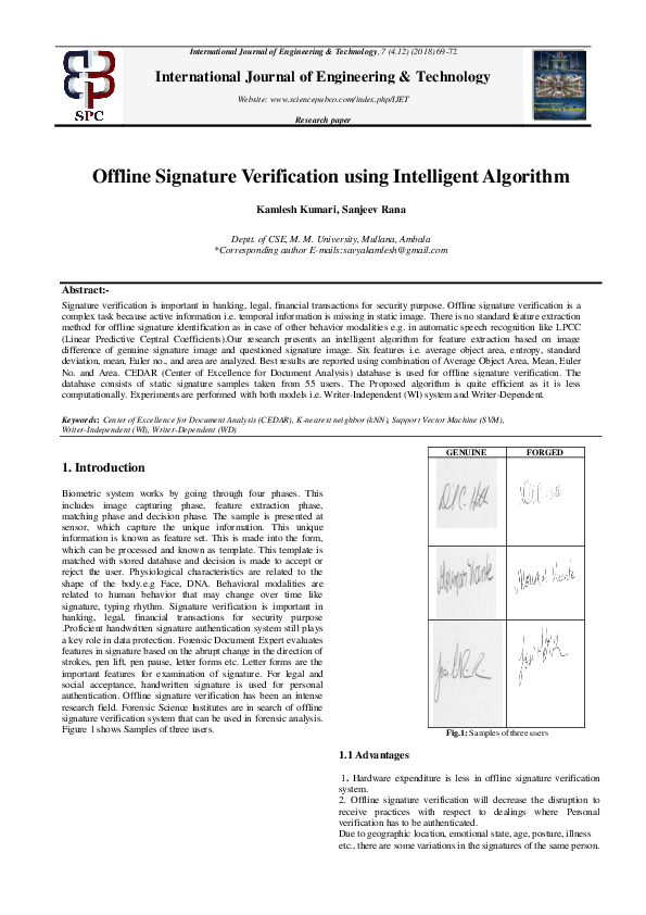 (PDF) Offline Signature Verification using Intelligent Algorithm