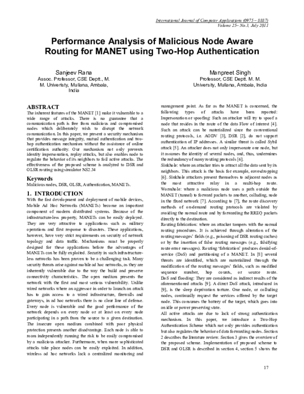 (PDF) Performance Analysis of Malicious Node Aware Routing for MANET using TwoHop Authentication