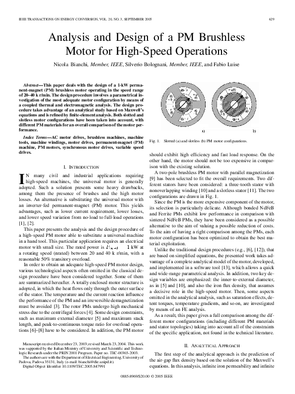 (PDF) Analysis and Design of a PM Brushless Motor for High-Speed Operations