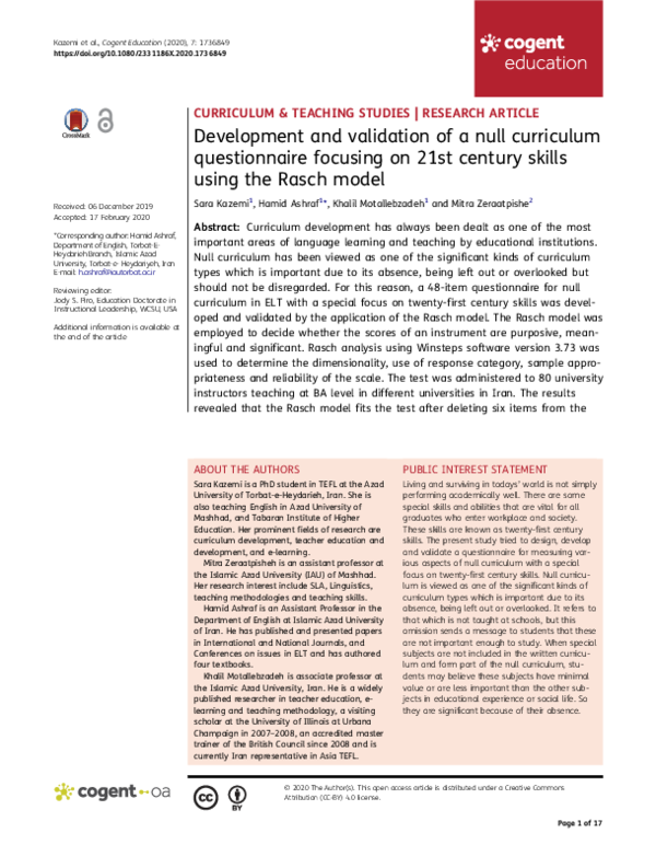 (PDF) Development and validation of a null curriculum questionnaire focusing on 21st century ...