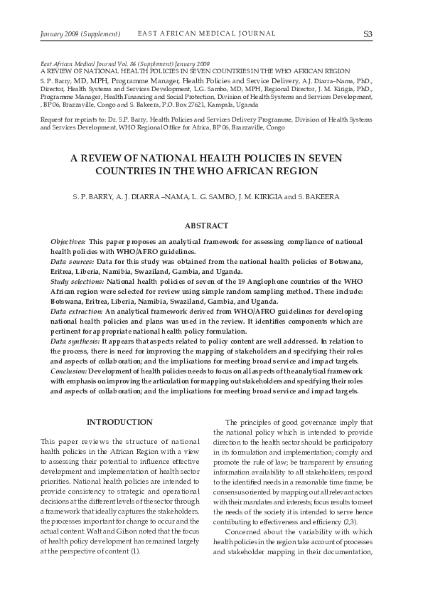 (PDF) A review of national health policies in seven countries in the ...