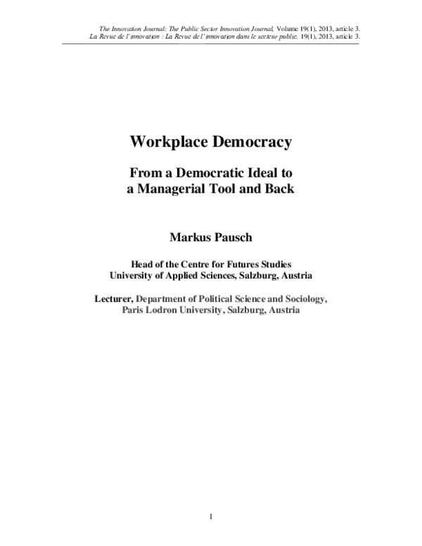 (PDF) Workplace Democracy: From a Democratic Ideal to a Managerial Tool ...