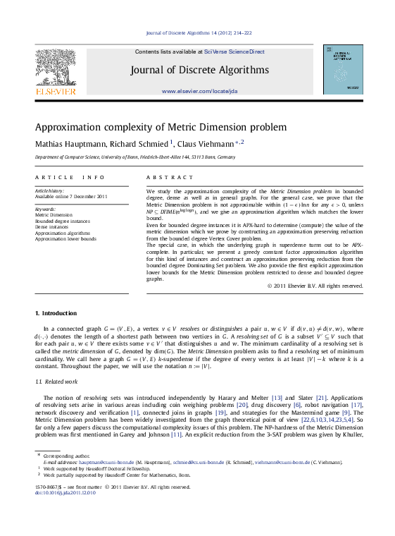 (PDF) Approximation Complexity of the Metric Dimension Problem