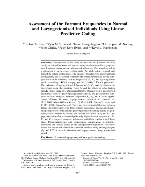 Pdf Assessment Of The Formant Frequencies In Normal And