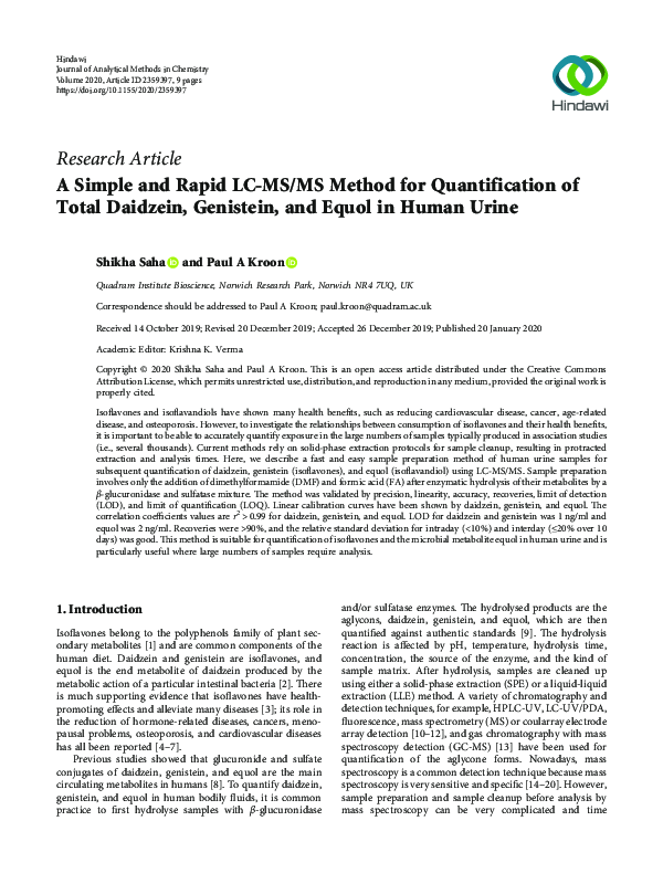 (PDF) A Simple and Rapid LC-MS/MS Method for Quantification of Total Daidzein, Genistein, and ...