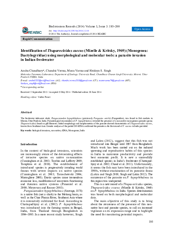 (PDF) Identification of Thaparocleidus caecus (Mizelle & Kritsky, 1969) (Monogenea ...