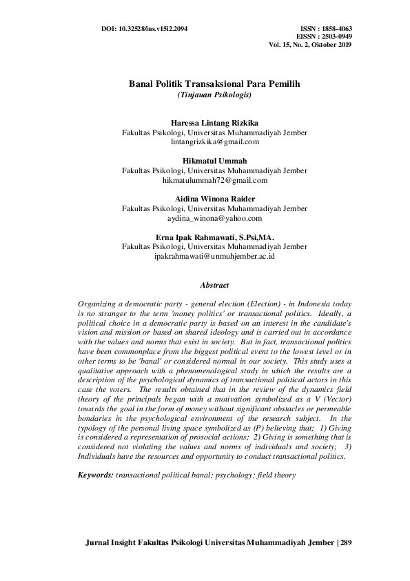 (PDF) Banal Politik Transaksional Para Pemilih (Tinjauan Psikologis)