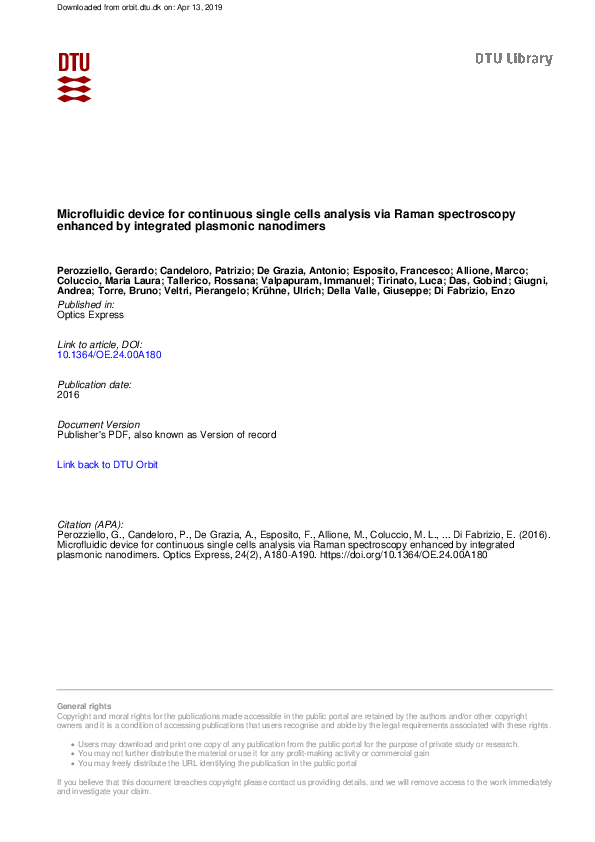 (PDF) Microfluidic device for continuous single cells analysis via Raman spectroscopy enhanced ...