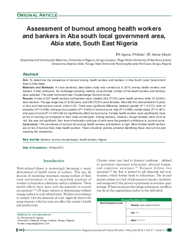 (PDF) Assessment of burnout among health workers and bankers in Aba ...